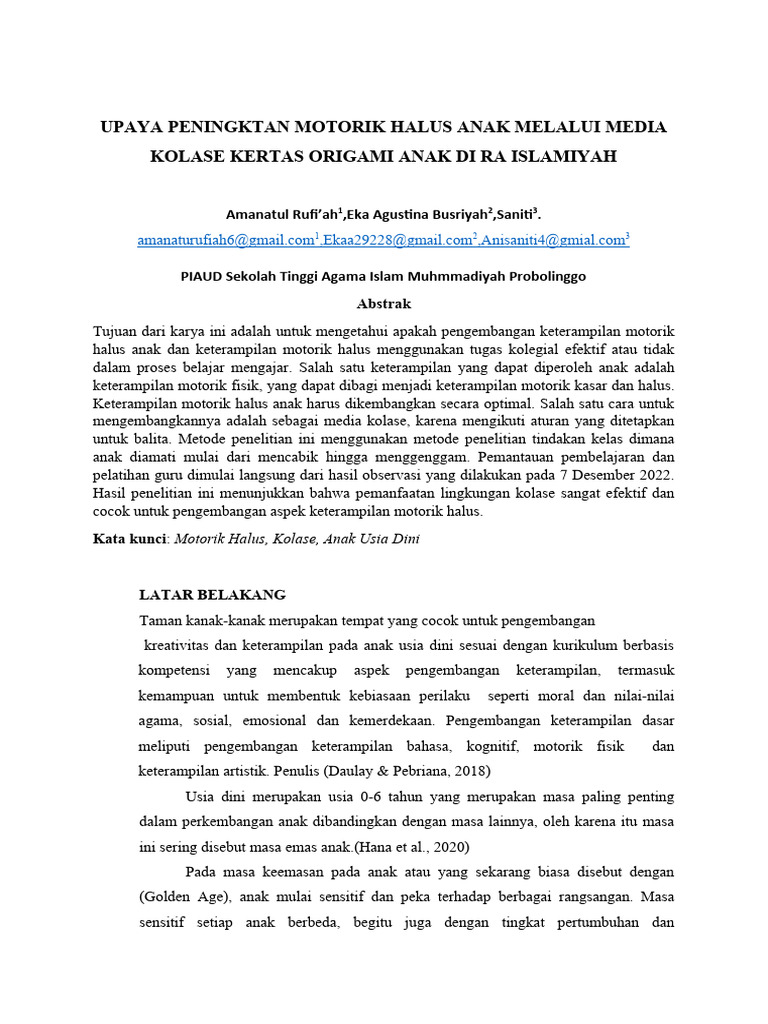 1banget New Jurnal UPAYA PENINGKTAN MOTORIK HALUS ANAK MELALUI MEDIA KOLASE ANAK DI TK Islamiyah ...