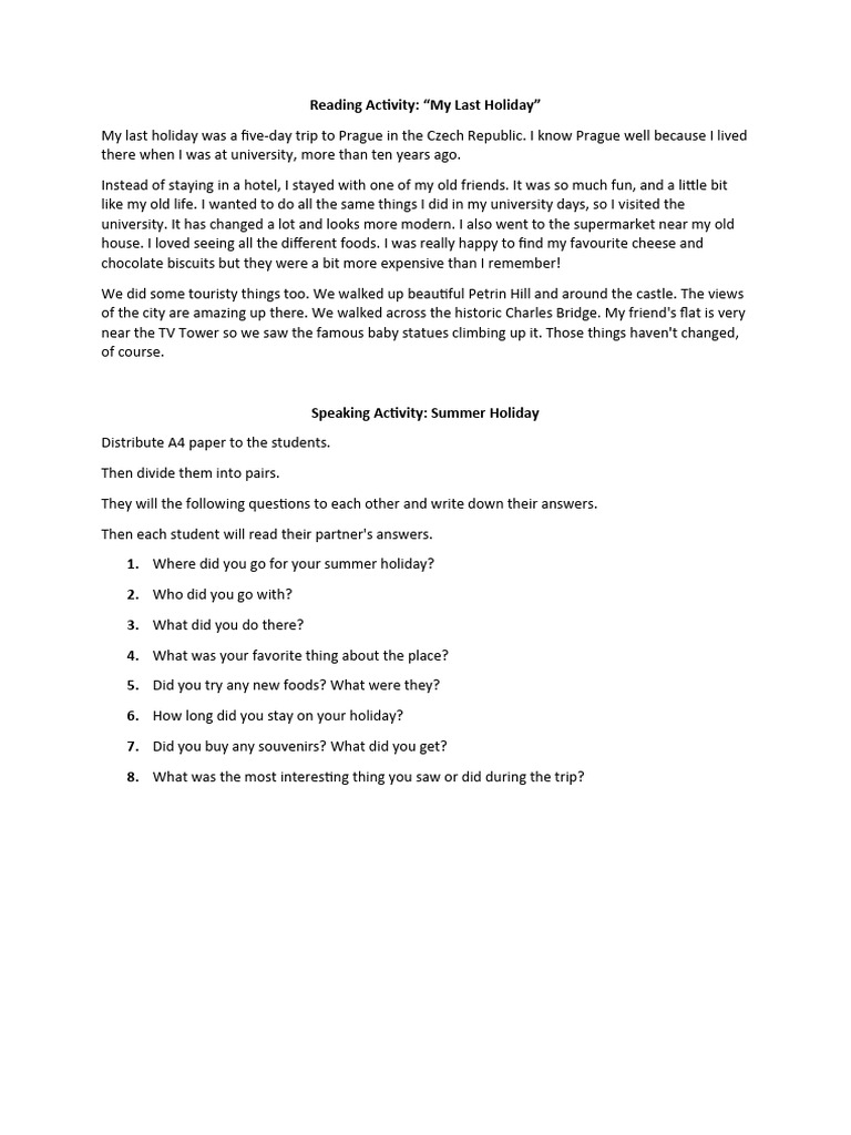 Speaking Activity My Summer Holiday | PDF | Language Arts & Discipline ...
