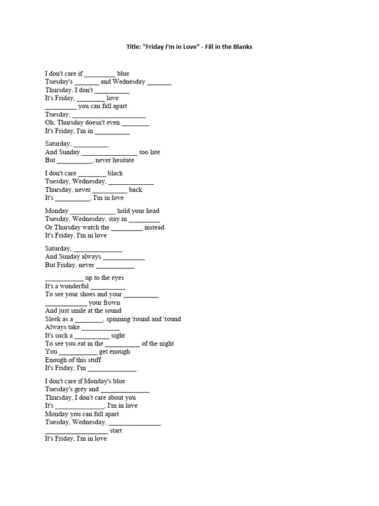 Friday I'm in Love - Worksheet | PDF