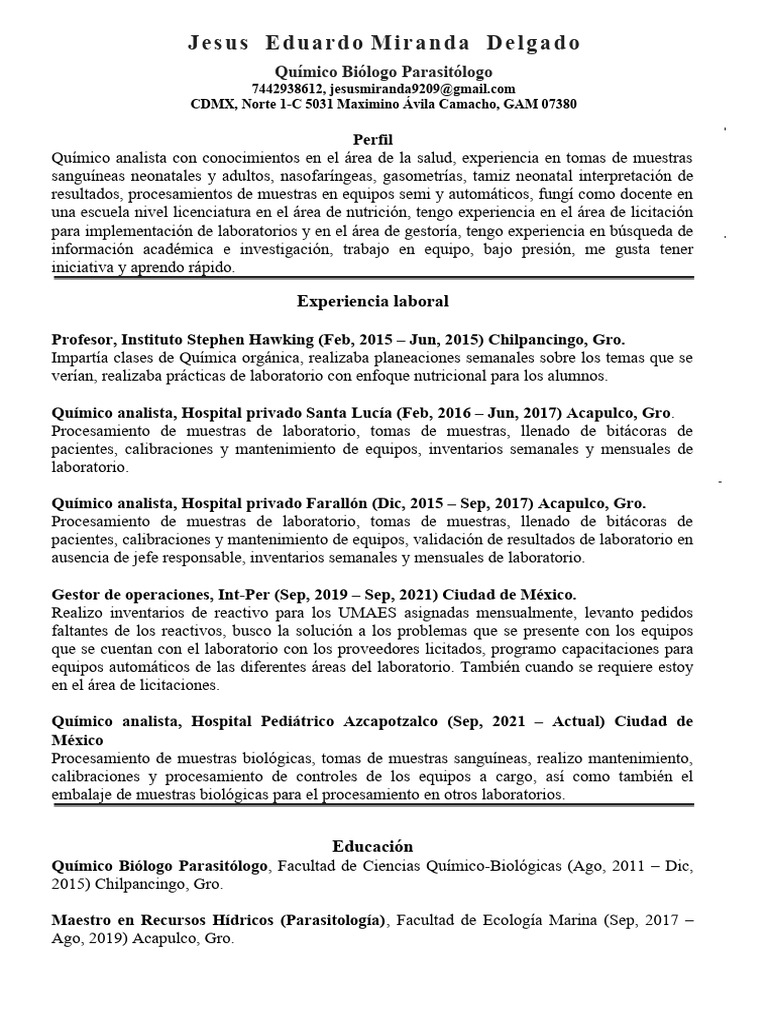 CV QBP Jesus Eduardo Miranda Delgado | PDF | Laboratorios | Hematología