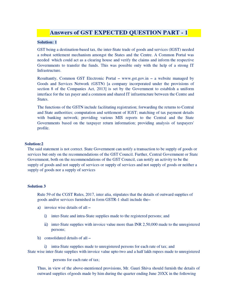 CA - Inter GST Important Questions Answers Part 1 May2023 | PDF ...
