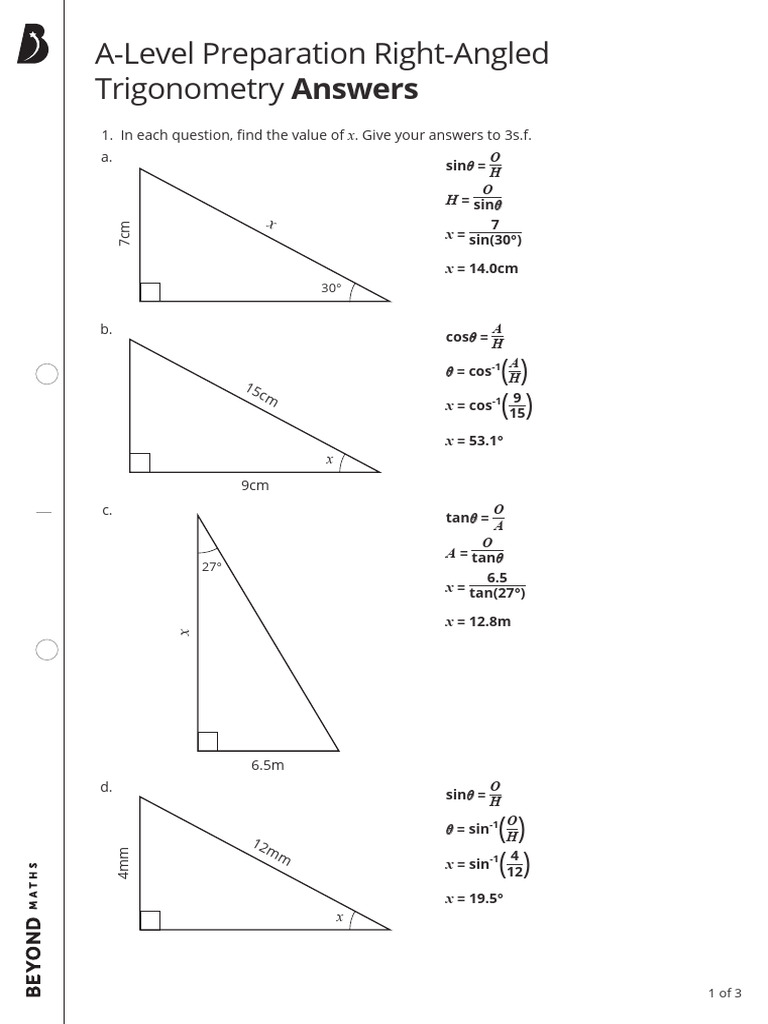 A-Level Preparation - Right Angled Trigonometry - Answers | PDF ...
