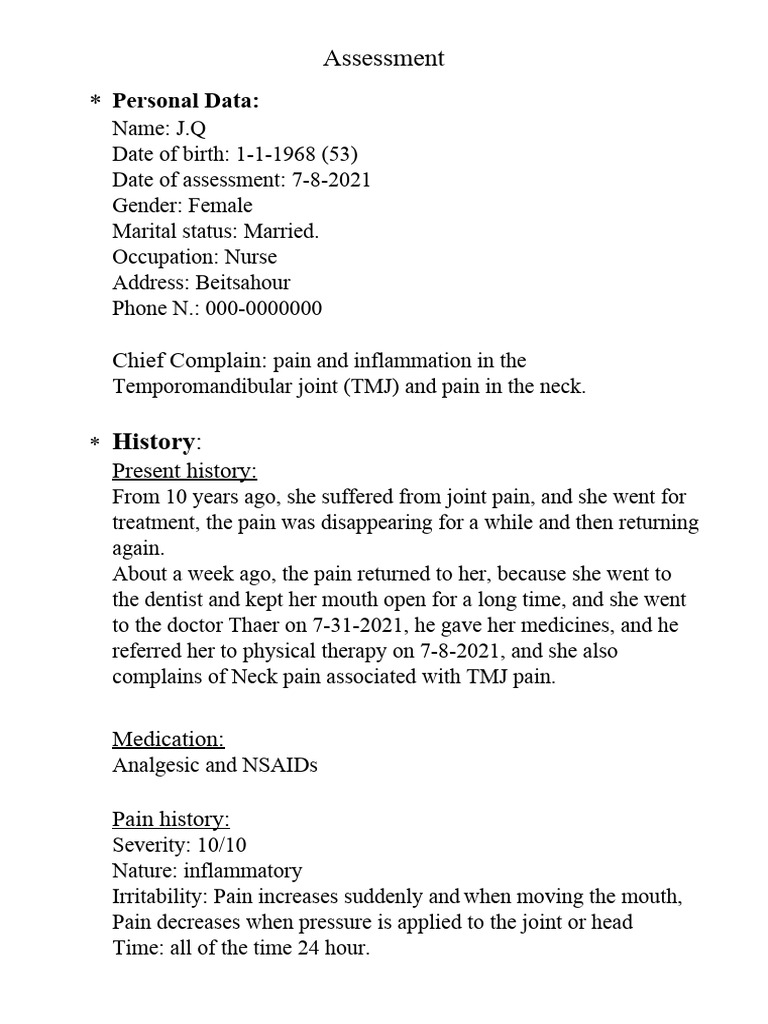 Assessment For TMJ | PDF | Anatomical Terms Of Motion | Pain