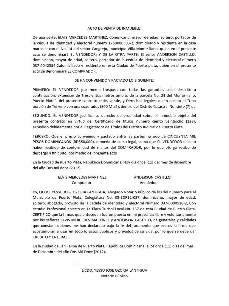 Modelo Acto de Venta de Inmueble | PDF | República Dominicana