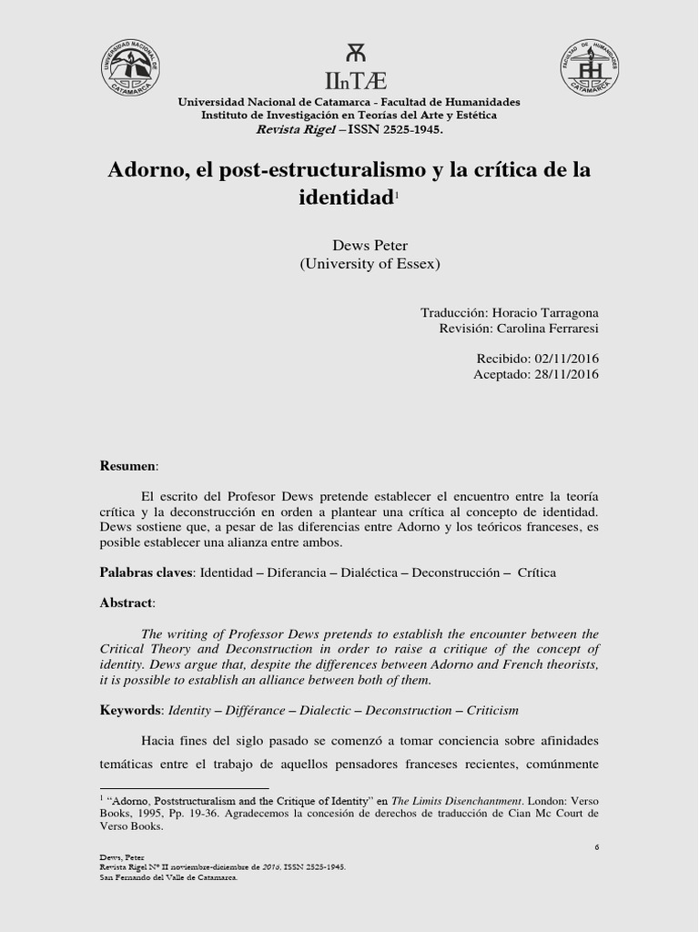 Rigel II - Adorno El Post-Estructuralismo y La Critica de La Identidad ...