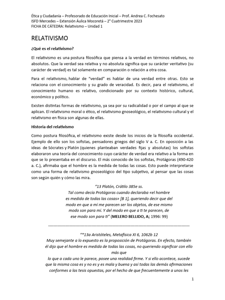 Ficha de Cátedra - Relativismo | PDF | Relativismo | Verdad