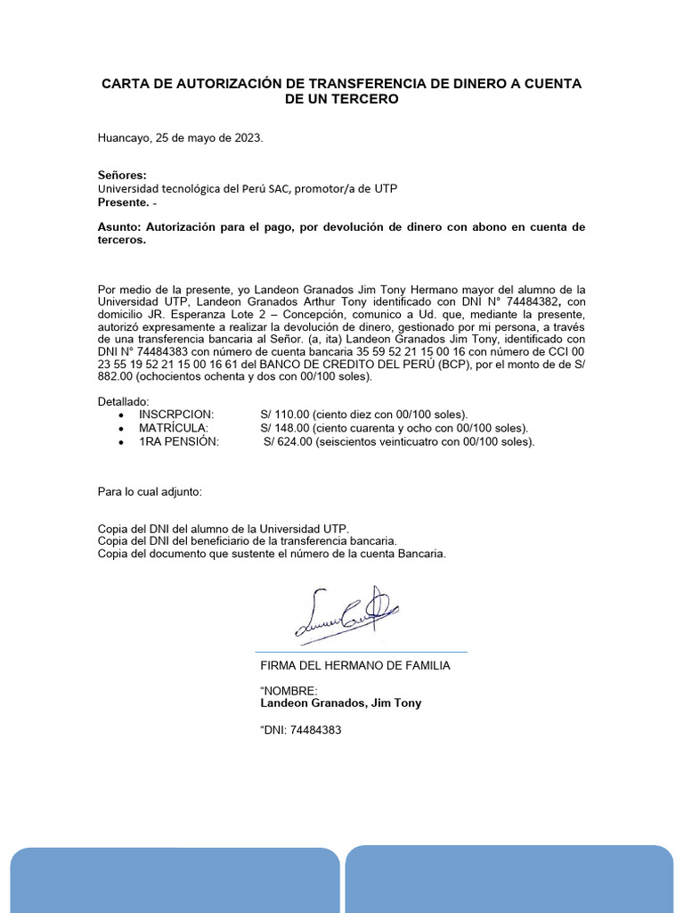 Carta de Autorización de Transferencia de Dinero A Cuenta de Un Tercero | PDF