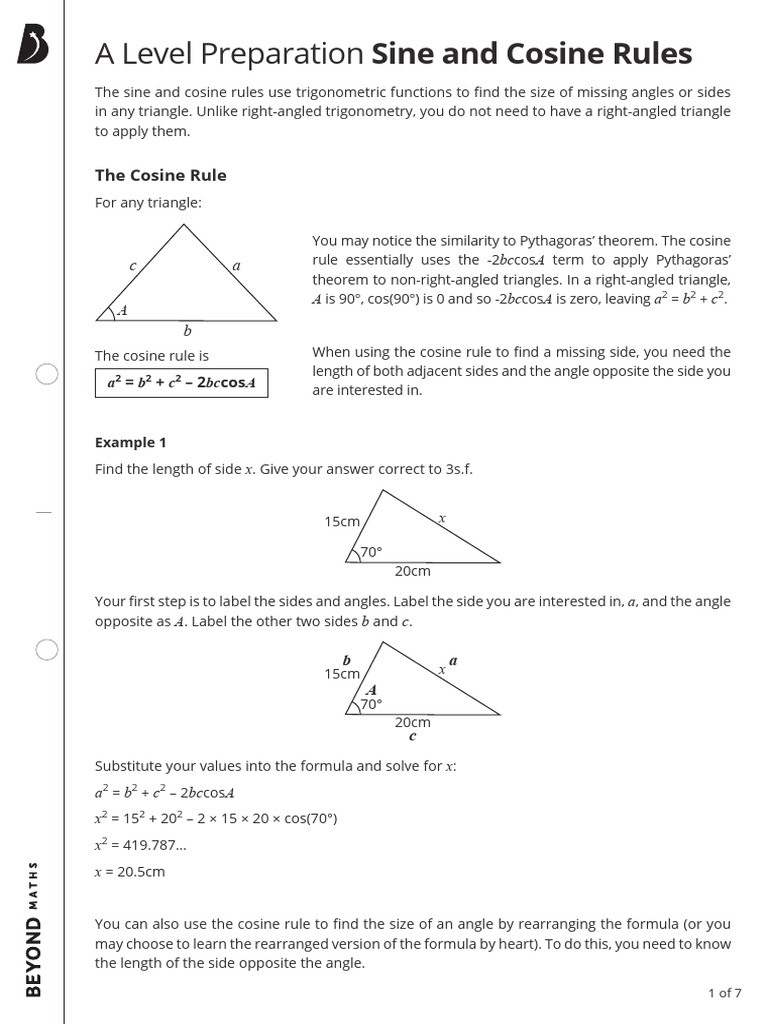 A Level Preparation - Sine and Cosine Rules | PDF | Trigonometric Functions | Triangle