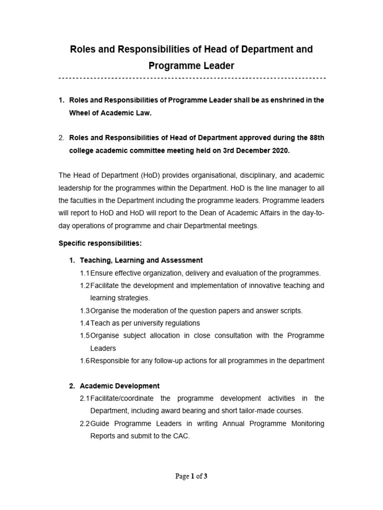 Roles of HoD and PL - 3 Dec 2020 | PDF
