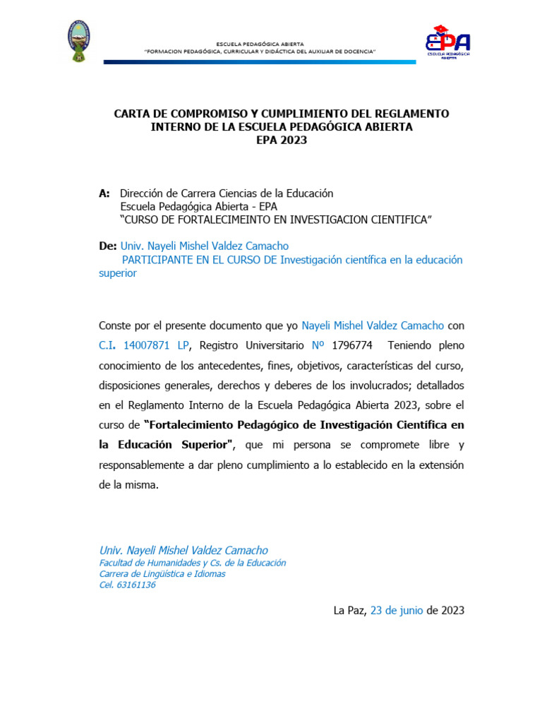 CARTA DE COMPROMISO Investigacion | PDF | Salud y bienestar