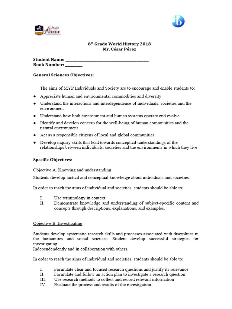 8 Grade World History 2018 Mr. César Pérez Student Name: - Book Number ...