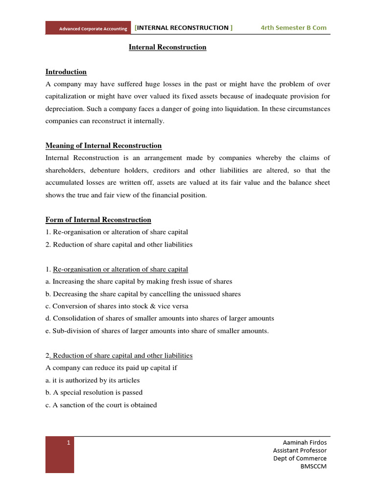 Internal Reconstruction | PDF | Balance Sheet | Equity (Finance)