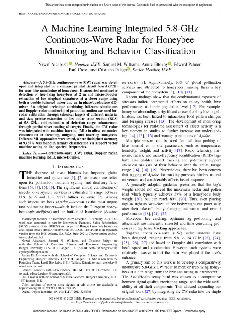A Machine Learning Integrated 5.8-GHz Continuous-Wave Radar For Honeybee Monitoring and Behavior ...