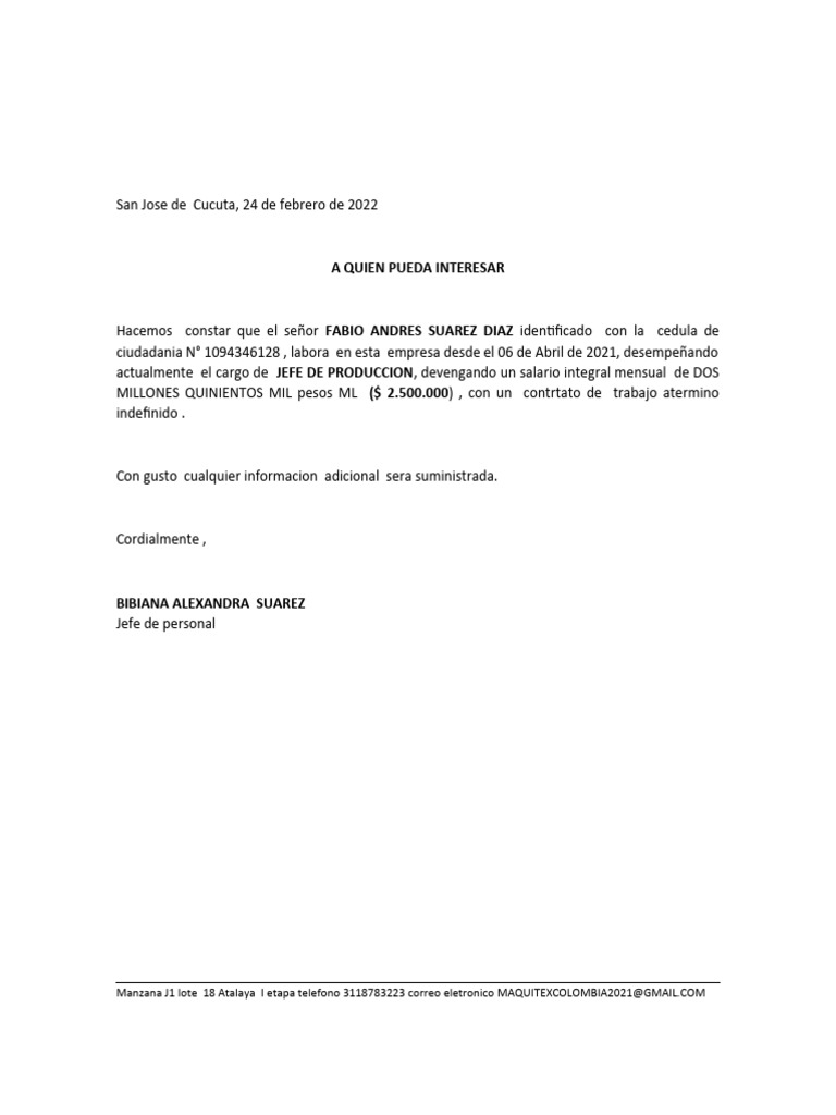 Certificación laboral de Fabio Suárez | PDF | Ciencias sociales