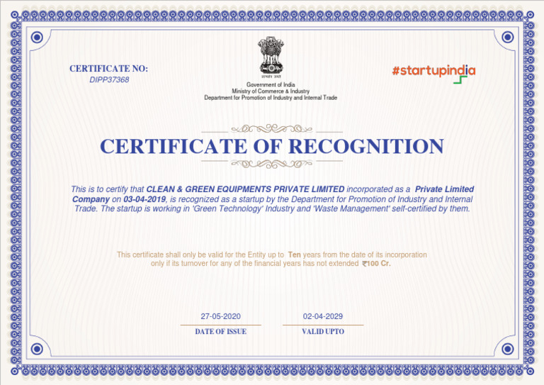 Sample Copy of Startup India Certificate | PDF