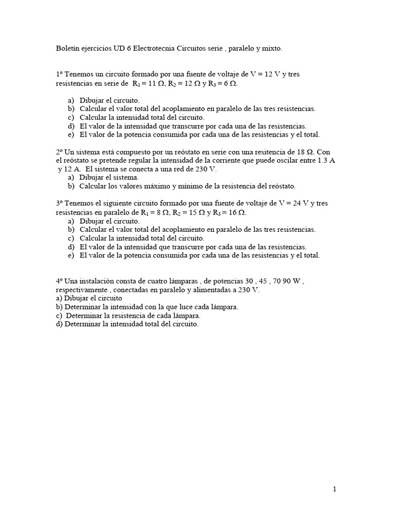Boletin Ejercicios UD 6 Electrotecnia Serie Paralelo Mixto | PDF | Ciencia y matemáticas