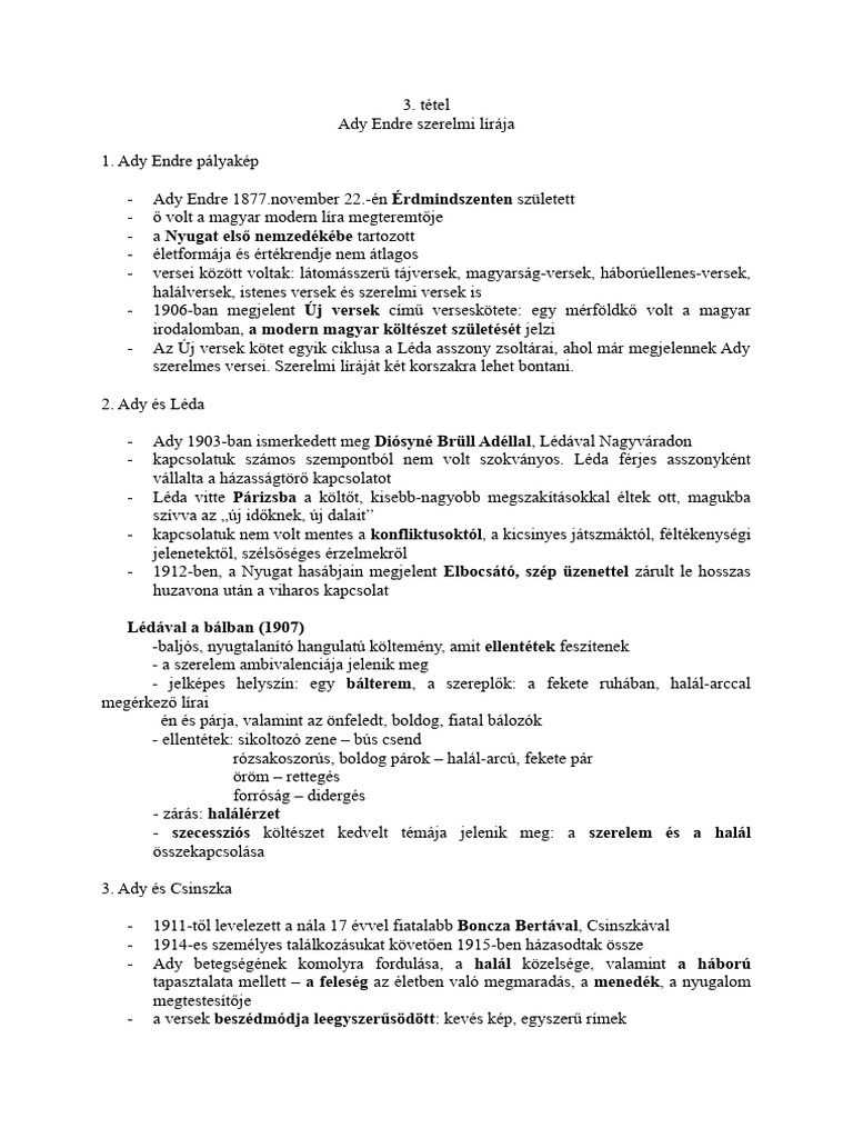 Tétel - Ady Endre Szerelmi Lírája | PDF