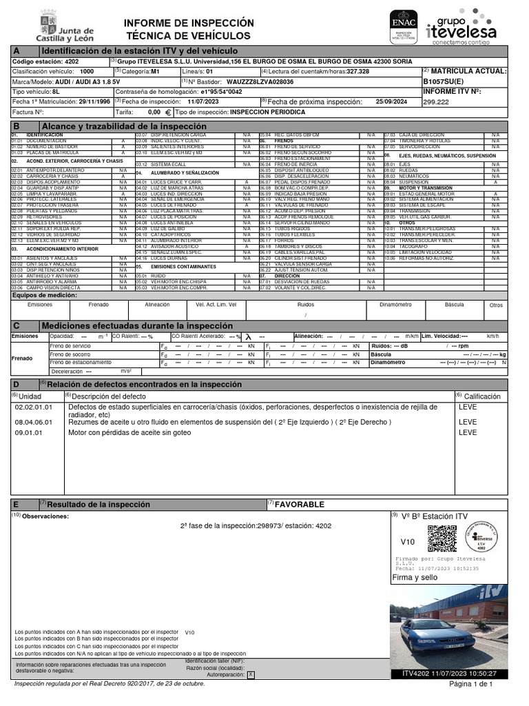 Identificación de La Estación ITV y Del Vehículo A: Matrícula Actual: B1057SU (E) Informe Itv Nº ...