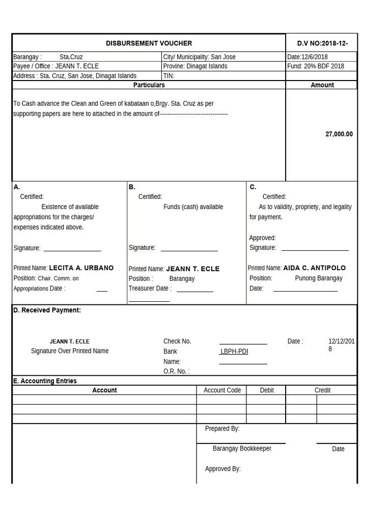 Disbursement Voucher | PDF | Payments | Debits And Credits