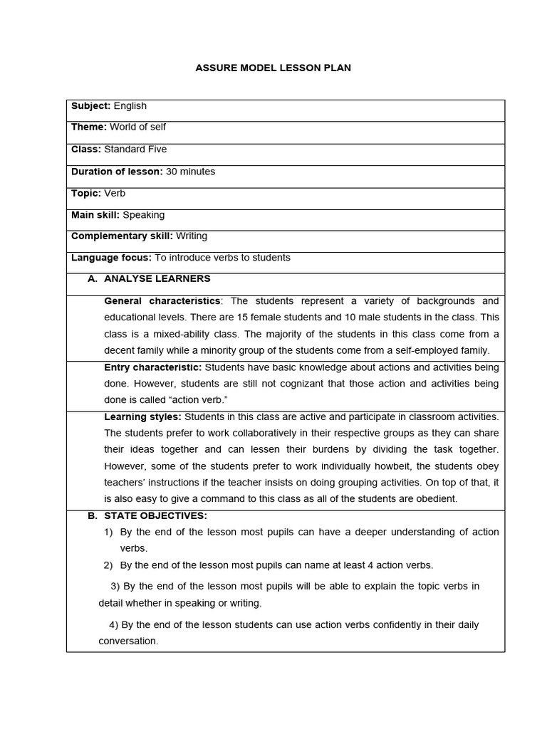 Assure Model Lesson Plan | PDF | Lesson Plan | Teachers