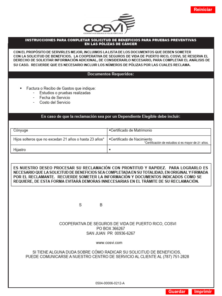 Solicitud de Beneficios Economicos de Las Pruebas Preventivas Del Seguro Cosvi PR | PDF ...