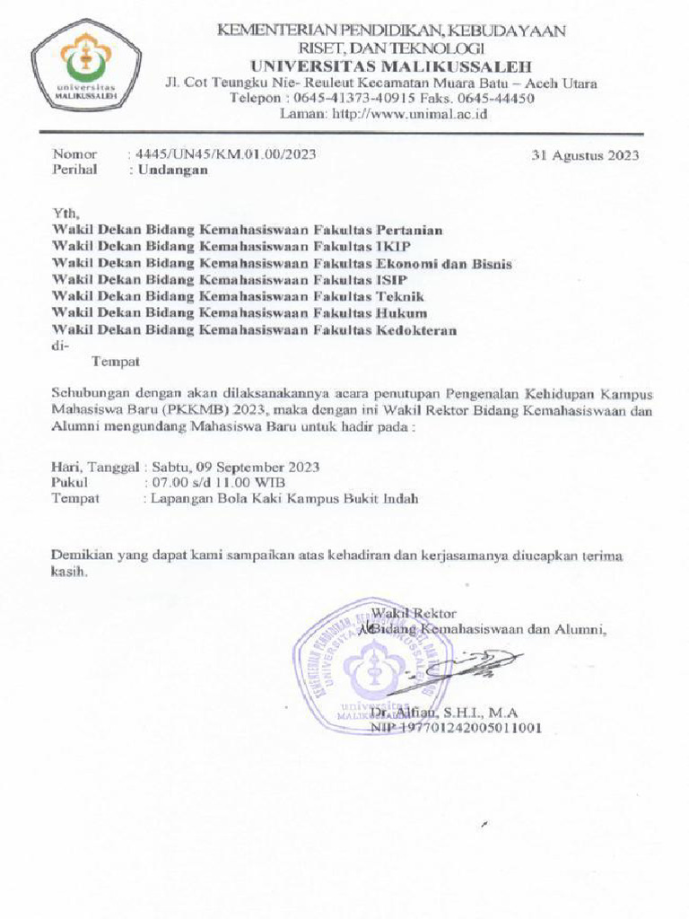 Surat Edaran Wakil Rektor III Bidang Kemahasiswaan, Terkait Penutupan PKKMB 2023 | PDF