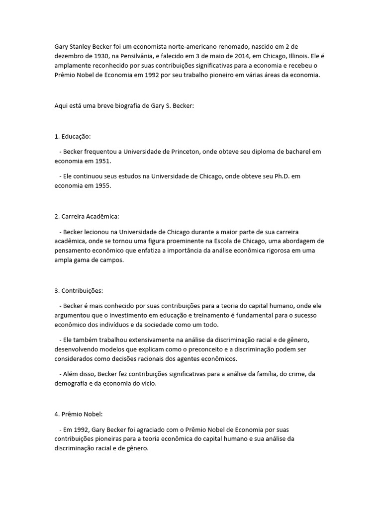 Legado de Gary S. Becker na Economia | PDF | Finanças e Administração ...