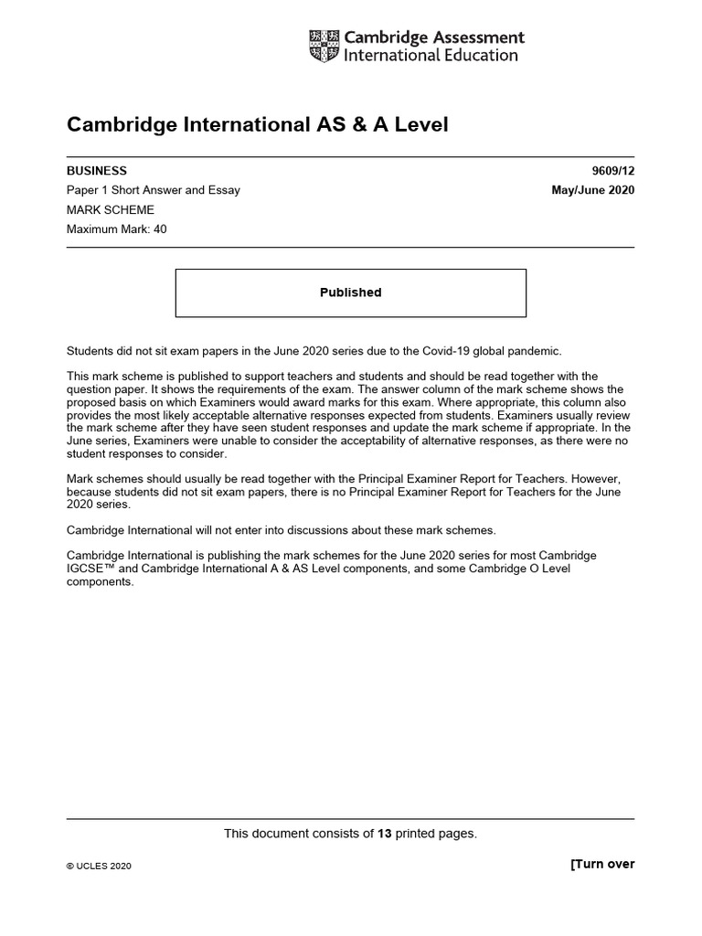 Cambridge International AS & A Level: Business 9609/12 May/June 2020 ...