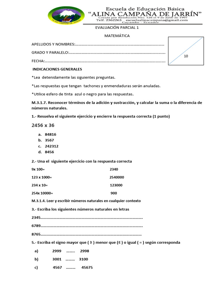 Evaluación Parcial 1 Mate | PDF | Matemáticas | Aritmética