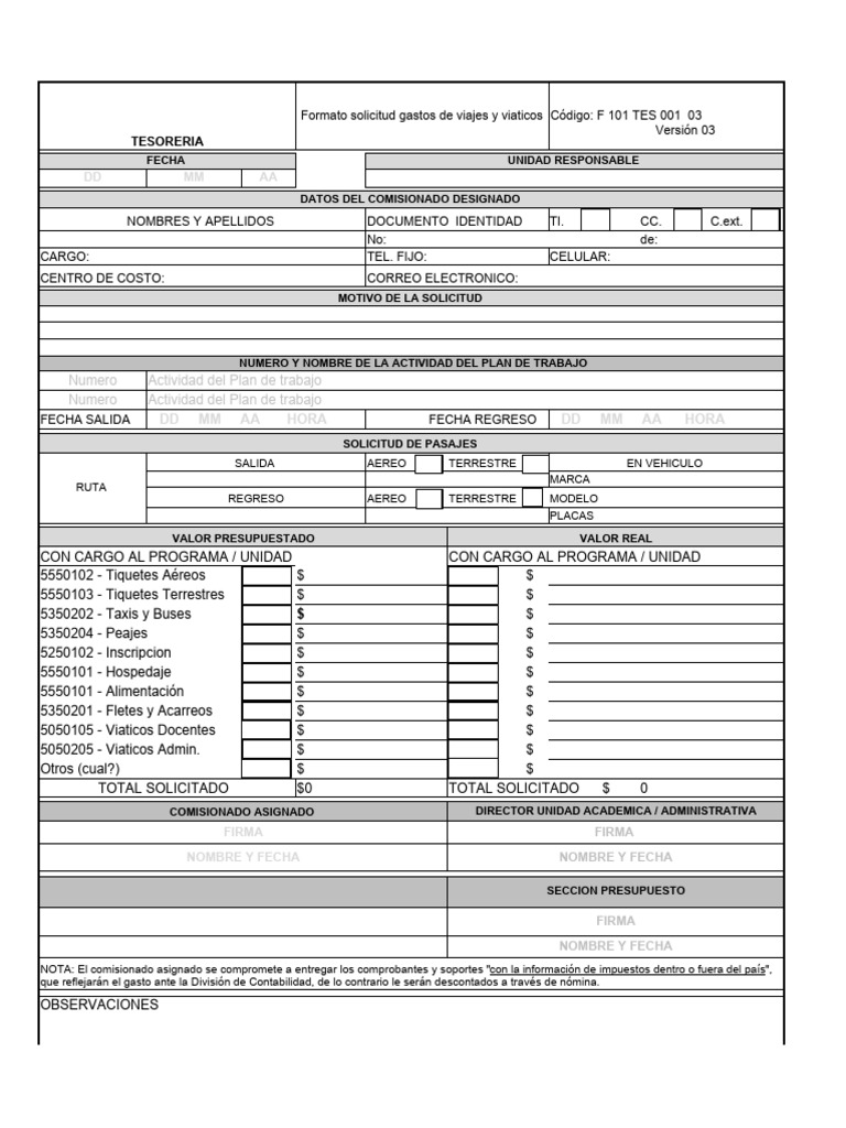 Formato Solicitud Gastos de Viaje | PDF