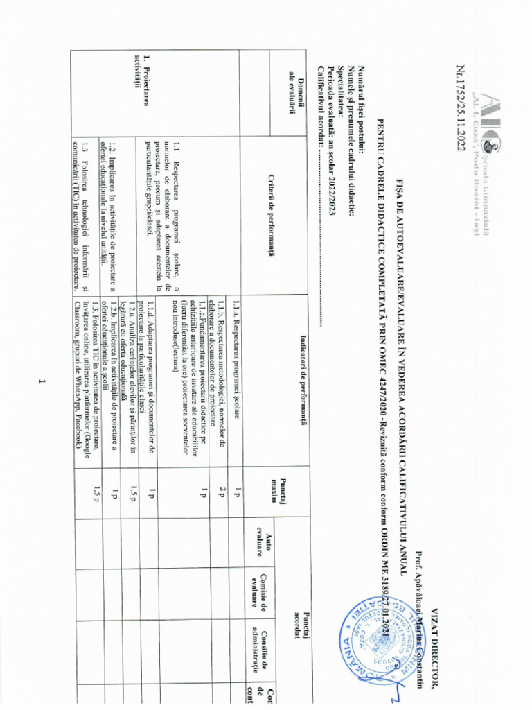 Fișa de Evaluare Cadre Didactice 2022-2023 | PDF