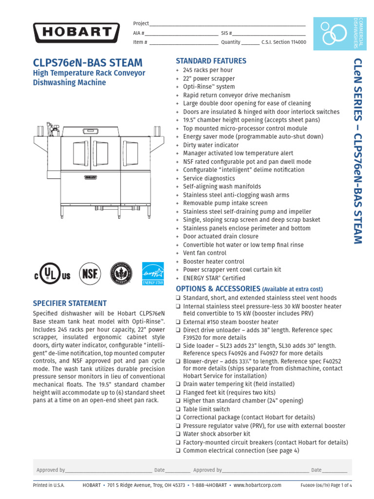 CLPS76eN Steam Heated Data Sheet | PDF | Dishwasher | Water Heating