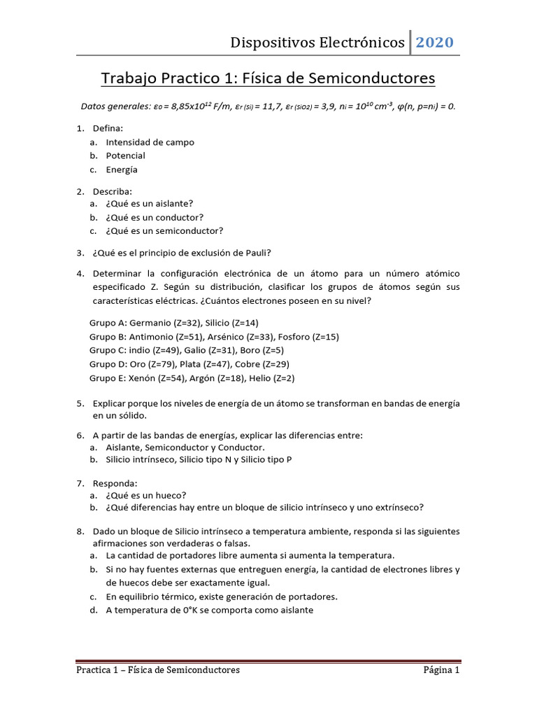 Dispo - 2020 - TP1 - Fisica de Semiconductores - C | PDF | Semiconductores | Dopaje (semiconductor)