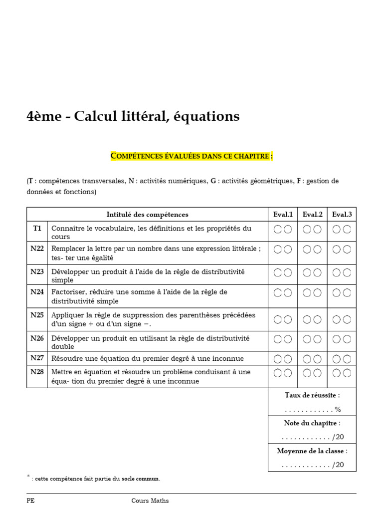 Calcul Litteral Cours 1 FR | PDF | Équations | Concepts mathématiques