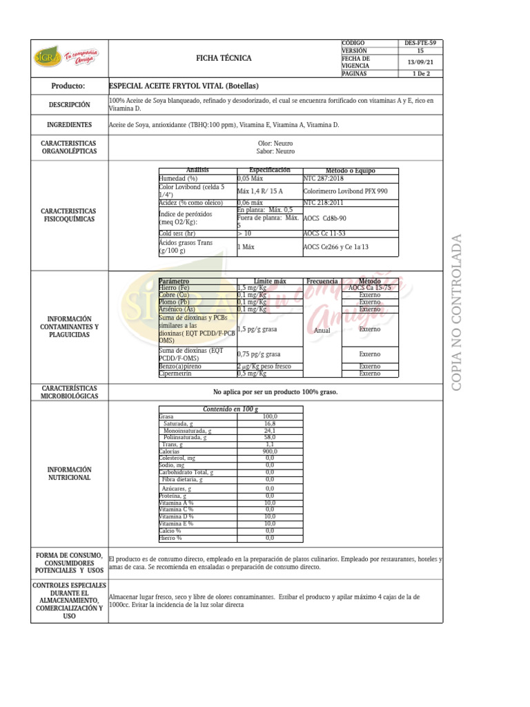 FT Aceite Frytol Vital | PDF | Petróleo | Alimentos