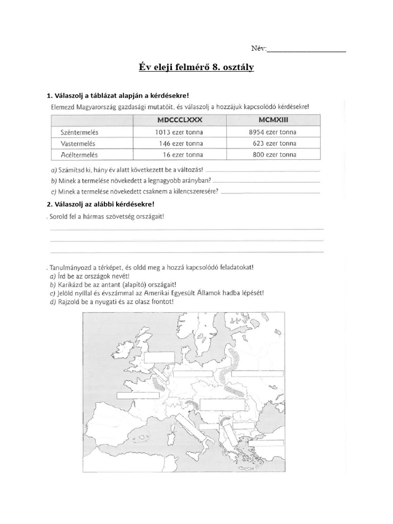 Év Eleji Felmérés 8. Osztály Dolgozat | PDF