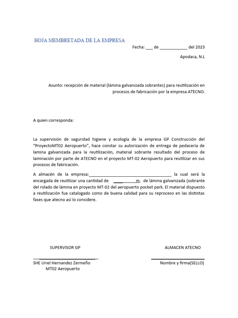Carta DE REUTILIZACION DE MATERIALES | PDF