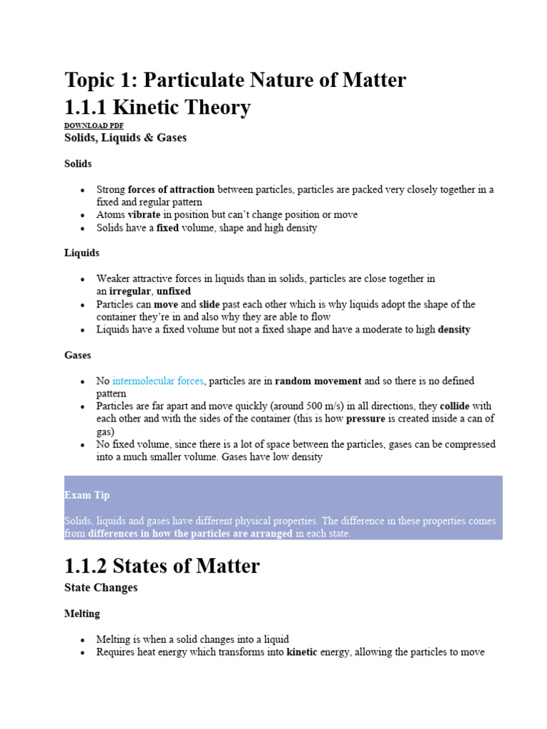 Topic 1 The Particulate Nature of Matter Notes | PDF | Gases | Liquids