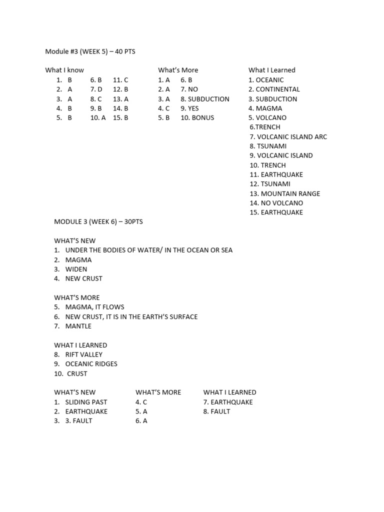 Module ANSWER KEY | PDF | Plate Tectonics | Volcano