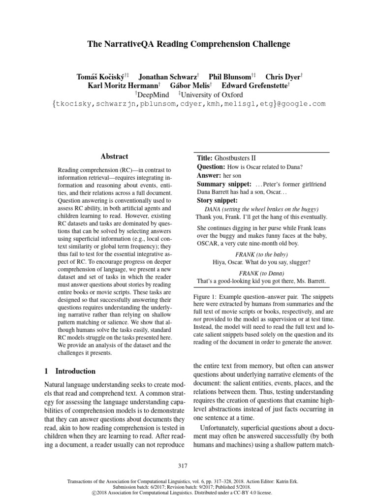 The Narrativeqa Reading Comprehension Challenge | PDF | Information Retrieval | Reading ...