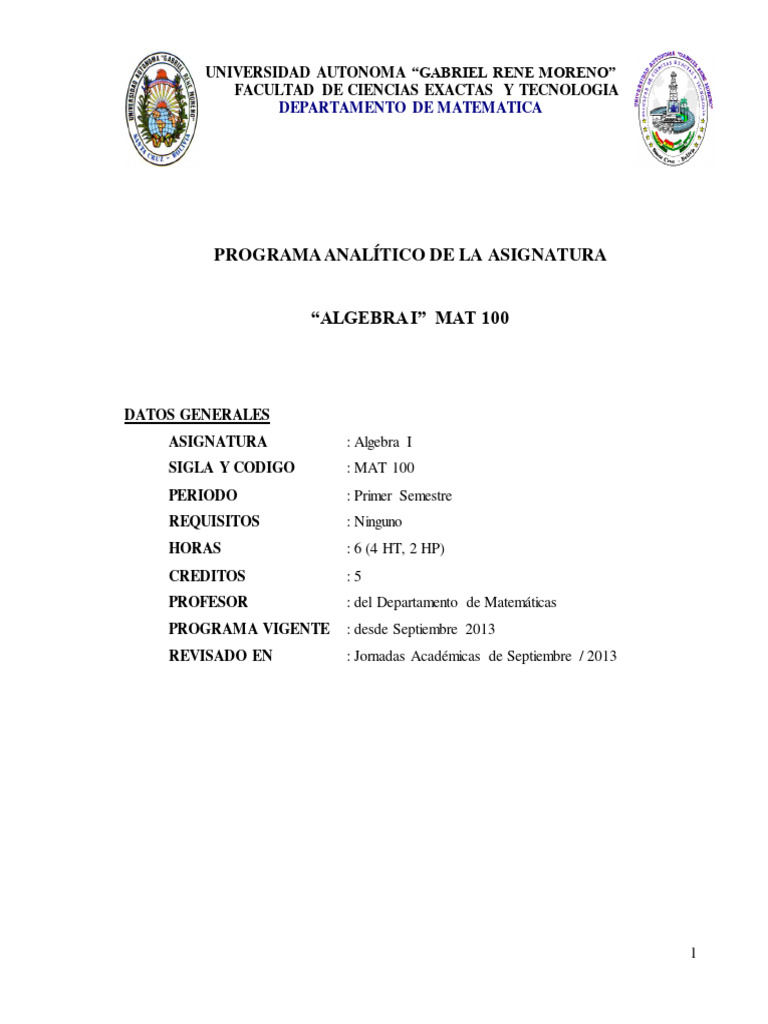 Programa Analitico MAT-100 | PDF | Proposición | Matemáticas