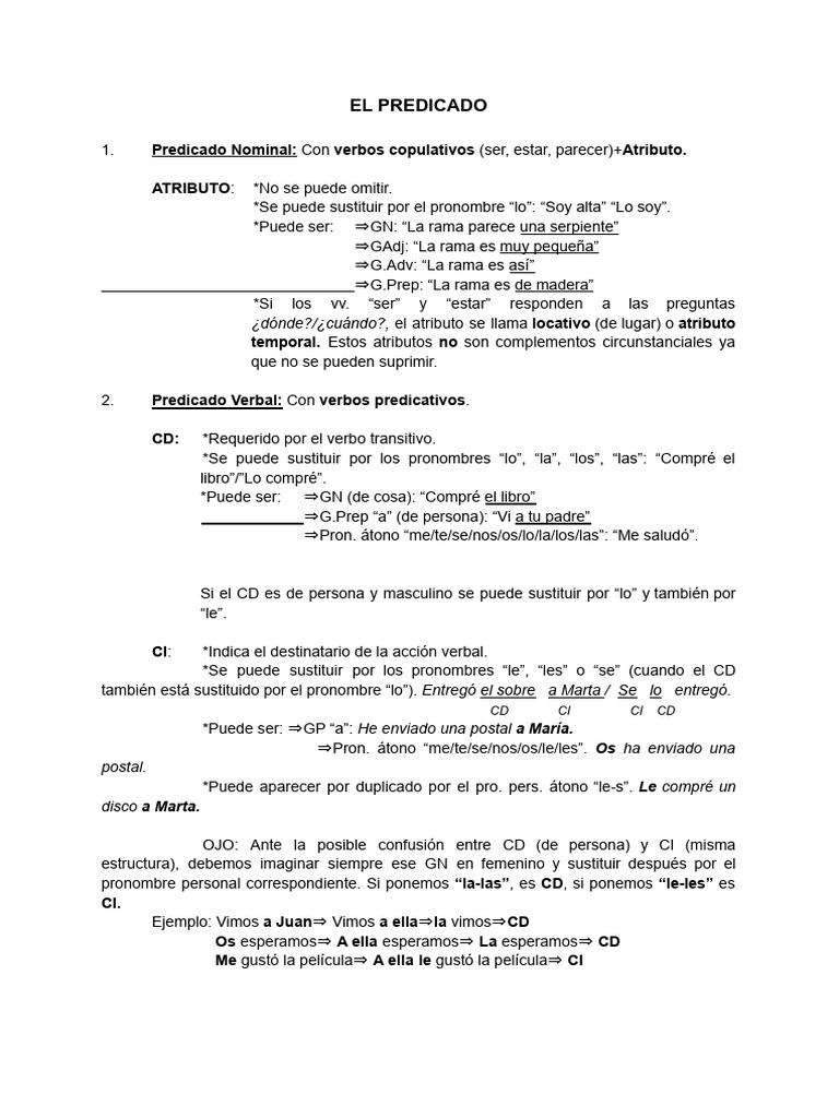 El Predicado y Sus Complementos | PDF | Verbo | Predicado (Gramática)