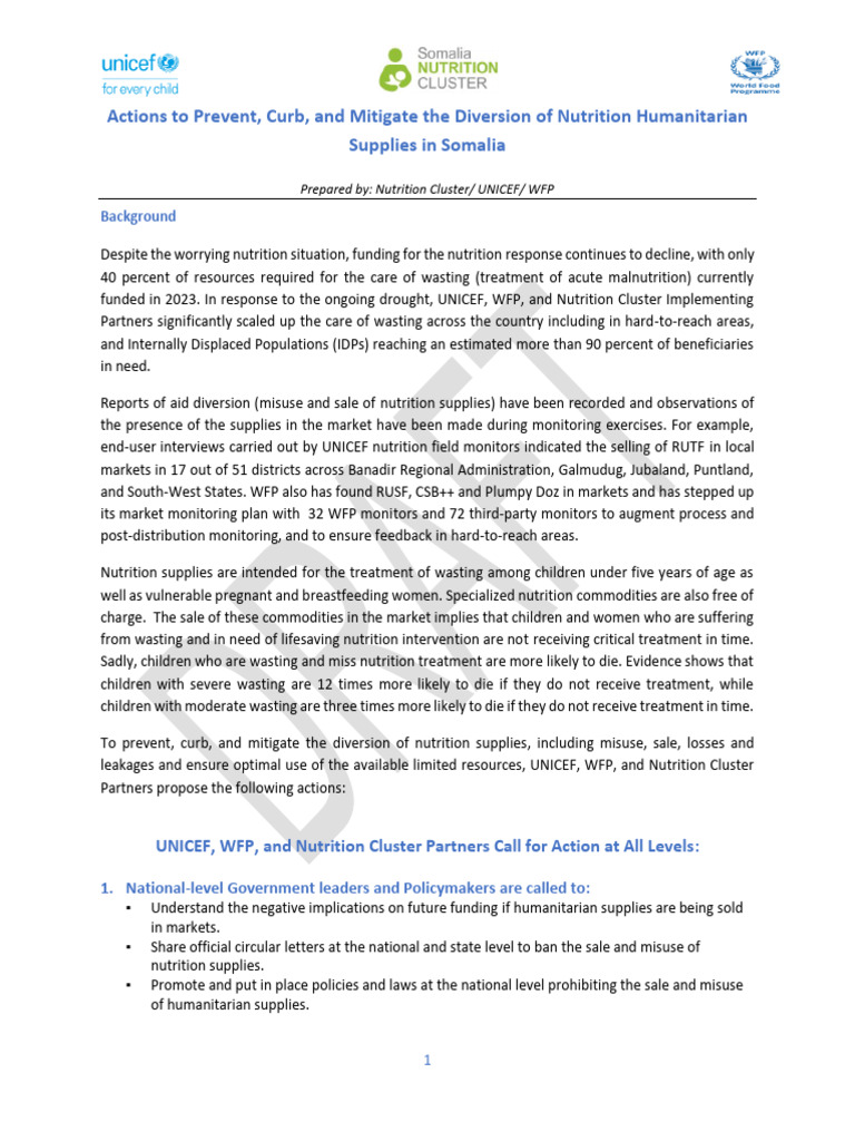 Nutrition Cluster Call To Action On Aid Diversion - Final | PDF | World ...