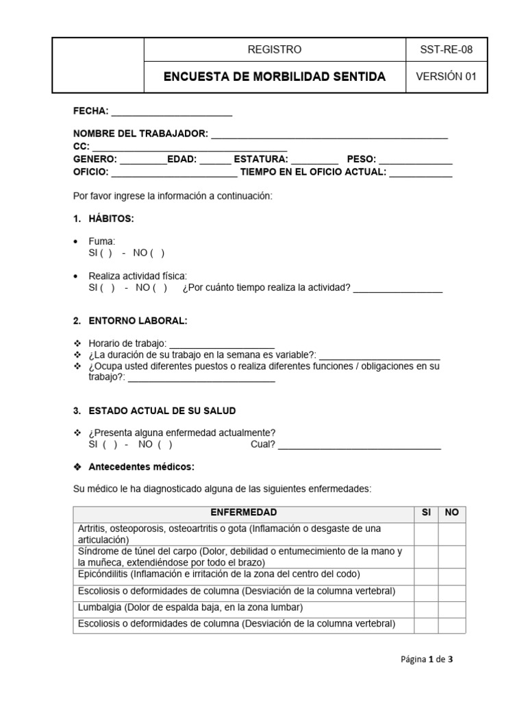 Sst-Re-08 Encuesta de Morbilidad Sentida | PDF | Dolor lumbar ...