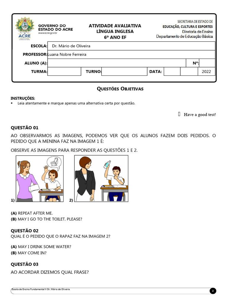 Prova 6º Ano 1ºbim 2022 - Adaptada | PDF