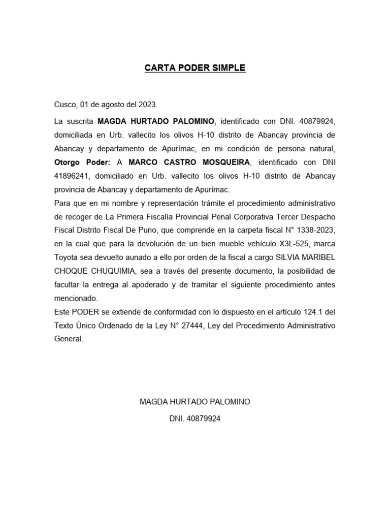 Carta Poder Simple Agosto 2023 | PDF