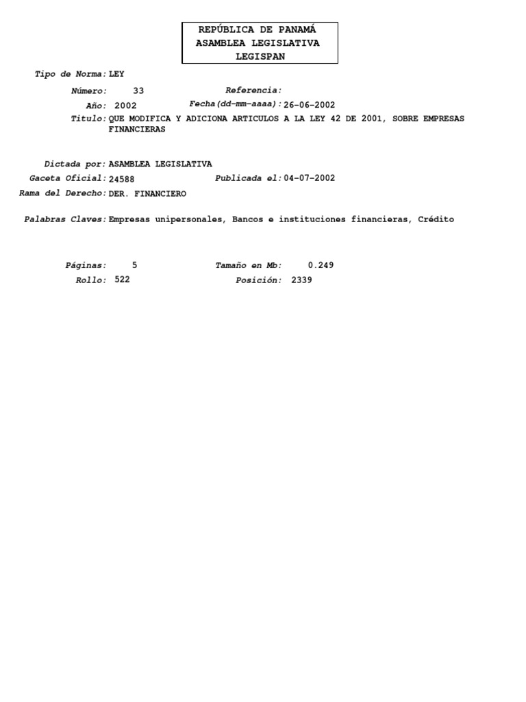 Ley 33 Del 4 de Julio de 2002 | PDF | Interés | Tasas de interés