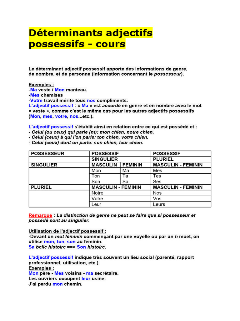 Adjectifs possessifs : guide complet | PDF | Poésie