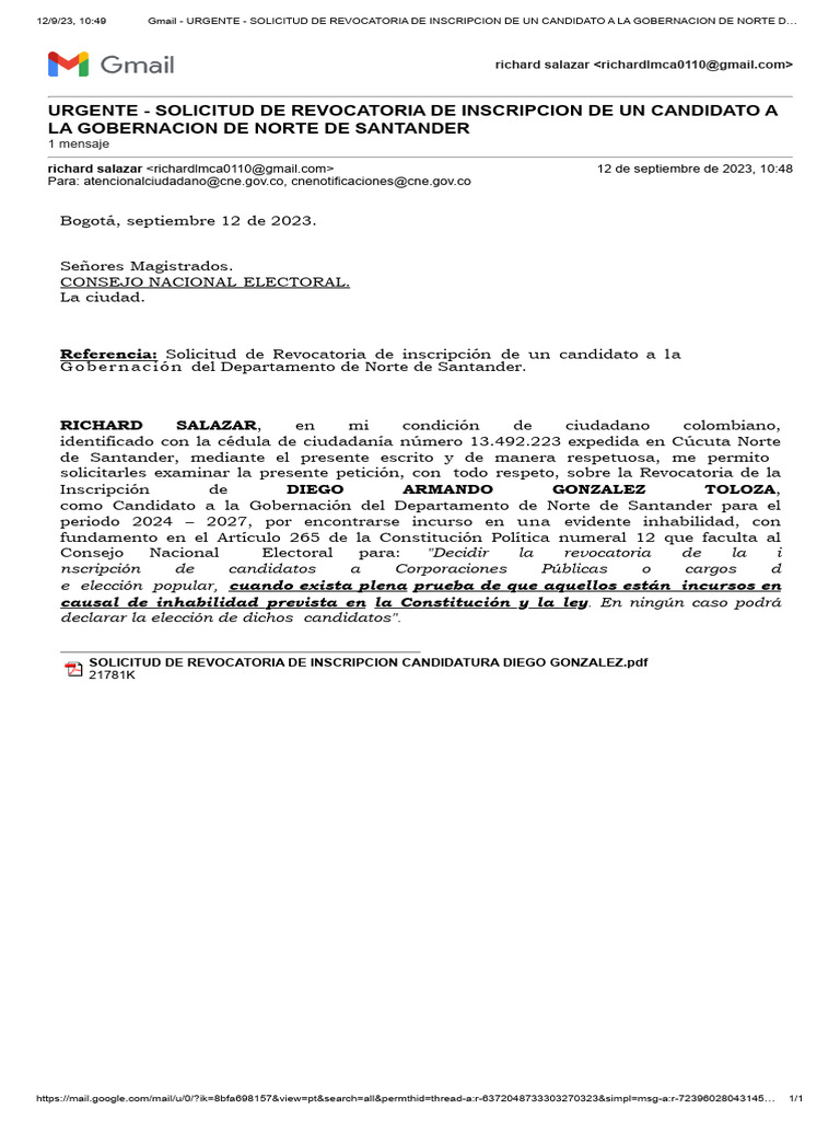 Solicitud CNE Revocatoria Diego Gonzalez | PDF | Ciencias sociales | Derecho