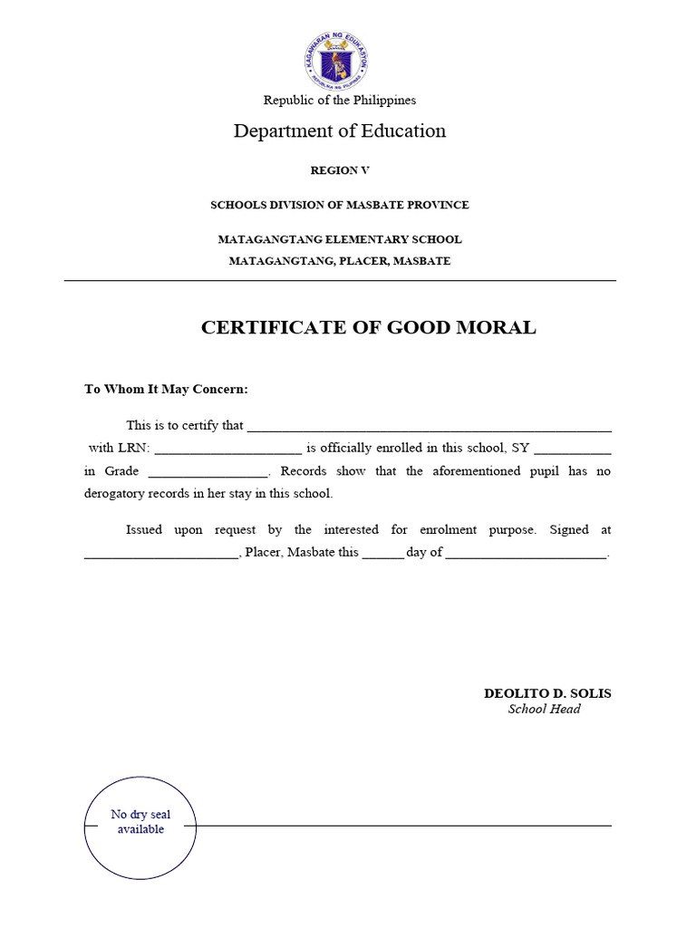 Good Moral Certificate - Matagangtang | PDF